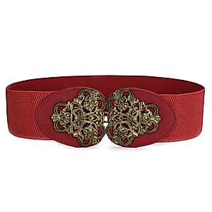 Allegra K Ladies Metal Symmetric Flower Interlock Buckle Textured Elastic Cinch Belt Red-1 Buckle-2