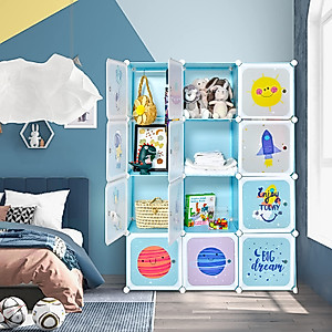 INFANS Children Wardrobe, Kid Closet Portable Baby Dresser Cute for Kids Bedroom Nursery Armoire with Doors 12 Cube 2 Hanging Sections, Kid Clothes Storage Organizer (Blue, 12 Cubes)
