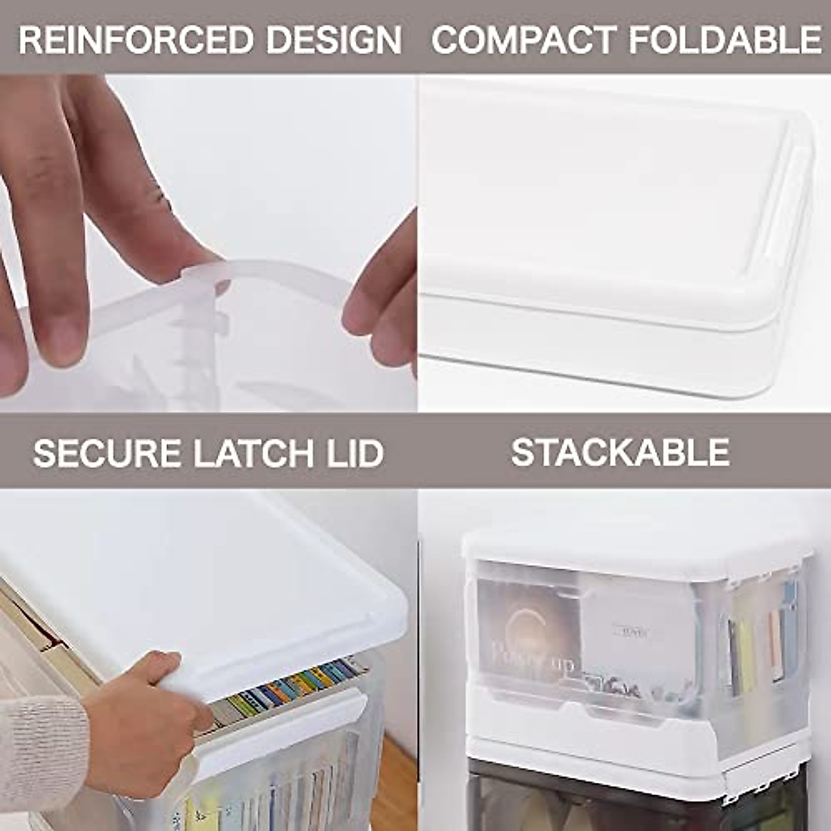 EZOWare 16 Quart Folding Plastic Storage Latch Box Basket with Lids, Stackable Lidded Organizer Container Bins - Set of 2, White / Clear