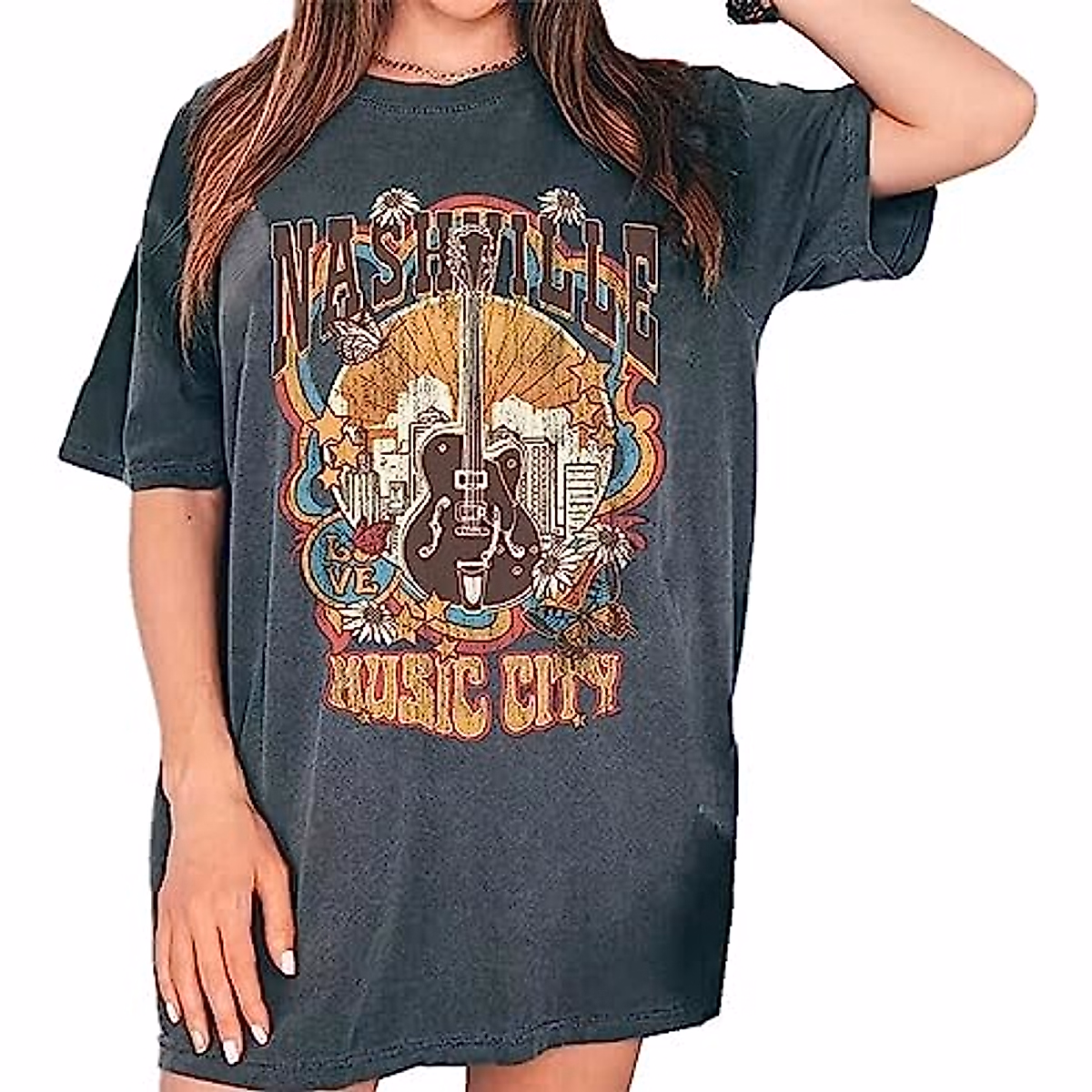 Oversized Nashville Shirts Women Country Music Concert Outfits Casual Rock Band Graphic Tee Tops Rock&Roll T Shirts(M,a-Dark Grey)