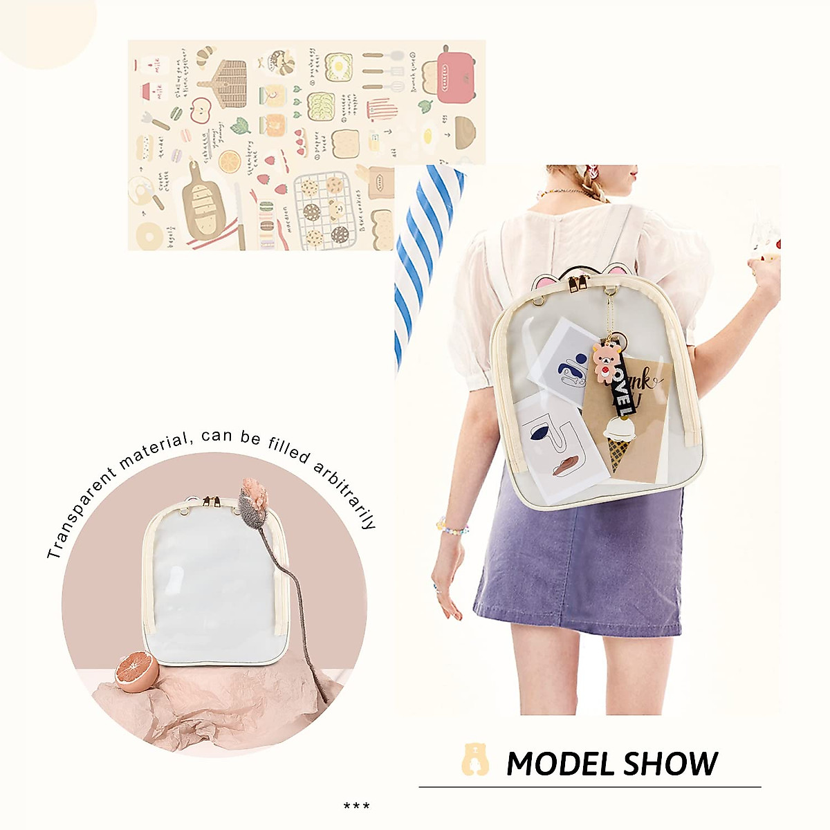 Oweisong Ita Bag Backpack Cat Anime Cosplay Casual Daypack Kawaii Candy Leathe Satchel Clear School Bag for Pins Display