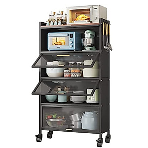 GILLAS 5-Tier Bakers Racks for Kitchen with Storage, Free-Standing Microwave Stand with Organzier Shelf, Kitchen Utility Storage Shelf with Flip Door Cabinet, Coffee Bar Cabinet, Black, Medium