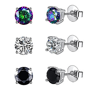 3 Pairs 6mm Round Stud Earrings Set for Women and Men, Clear/Rainbow/Black Cubic Zirconia Hypoallergenic Earring Pack (White Gold)