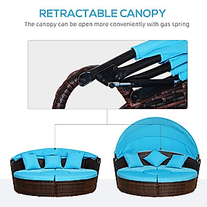 Outsunny 4-Piece Round Convertible Daybed with Cushions, Outdoor PE Rattan Patio Wicker Sofa Set, Sunbed with Adjustable Sun Canopy, Sectional Sofa, 2 Chairs, Table, 3 Pillows, Light Blue