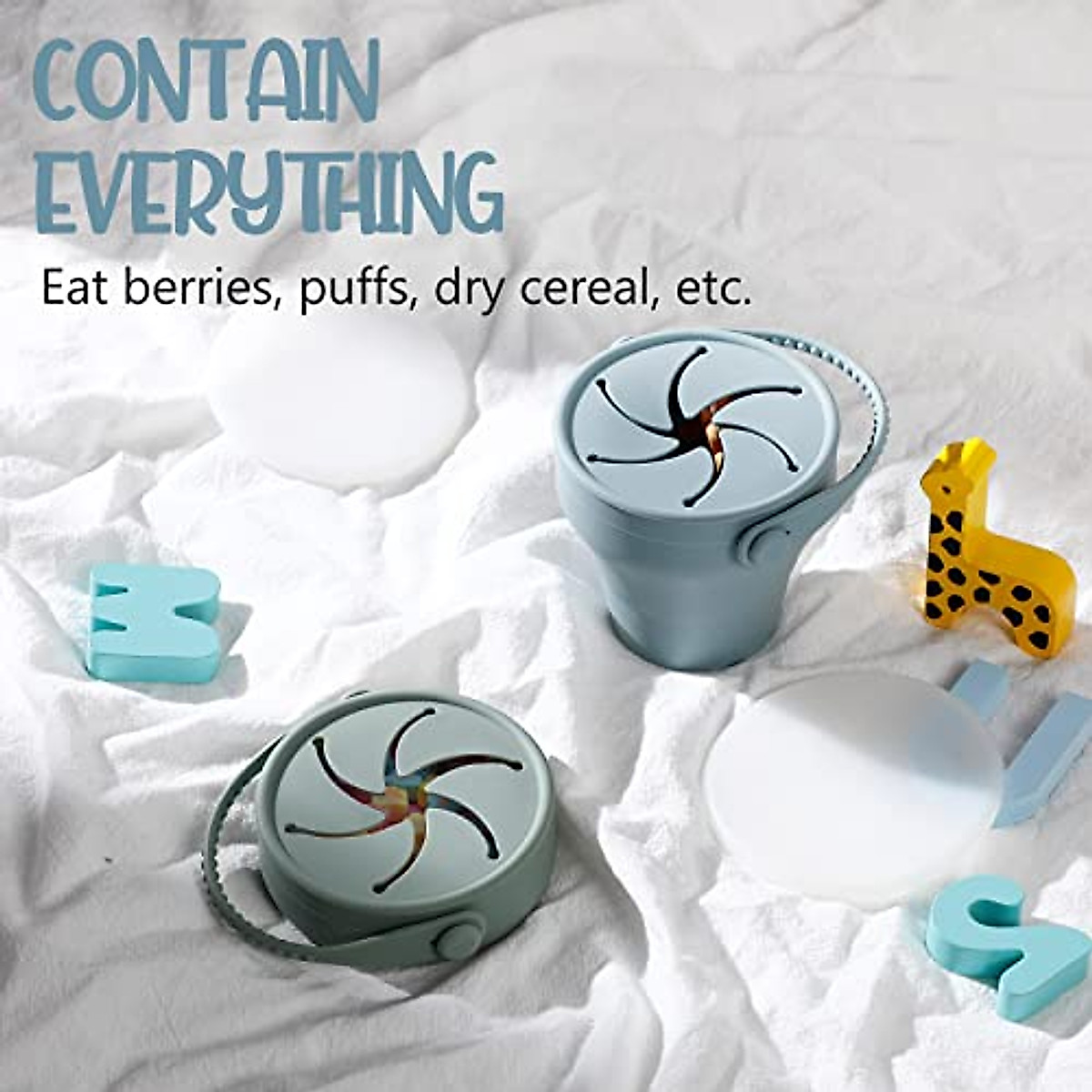 2 Pcs Snack Cups for Toddlers 12oz Collapsible Cup Toddler Cups Spill Proof Toddler Snack Cups Baby Silicone Snack Cup No Spill Bowls for Toddlers Infant Snack Containers (Blue, Green)