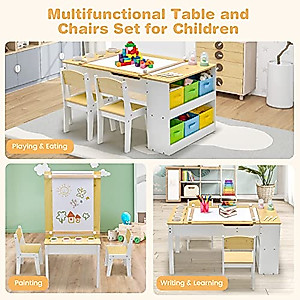 Costzon 2 in 1 Kids Table and Chair Set, Wood Art Table & Easel Set with 2 Chairs, 6 Storage Bins, Paper Roller, Paint Cups for Draw, Write, Play, Arts & Crafts, Toddler Table and Chair Set (Natural)