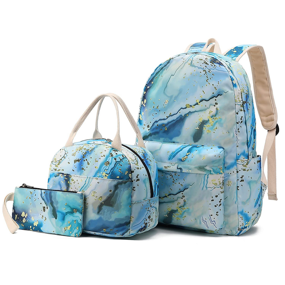 Pawsky Waterproof School Backpack Set Fits 14" Laptop Backpack Daypack College School Bookbag with Lunch Box and Pencil Case (Marble-Blue)