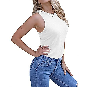 Langwyqu Womens Crewneck Sleeveless Tank Tops Summer Casual Loose Fit Basic Shirts White