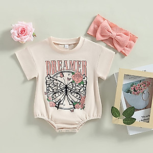 sdghg 0-18M Infant Baby Girl Short Sleeve Romper Spring Summer Bodysuit Headband Romper Butterfly Jumpsuit Bubble Bodysuit (Apricot, 0-3 Months)