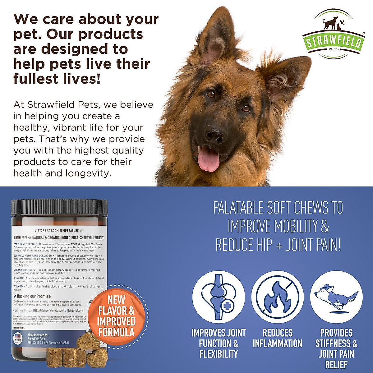 Strawfield Pets Hip + Joint Chews for Dogs Advanced Dog Joint Supplement with Glucosamine Tasty Healthy Mobility Treats Bacon Flavor 120 Count