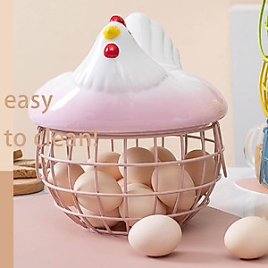 Egg Basket Chicken Decor Mesh Wire Egg Storage Basket with Ceramic Chicken Lid, Farmhouse Egg Holder for Refrigerator Egg Baskets for Fresh Eggs Pink