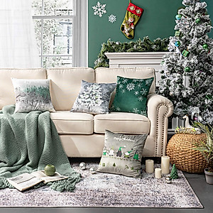 Phantoscope Pack of 4 Merry Christmas Decorative Velvet Embroidery Throw Pillow Cover with Snowflake, Trees, Elves, Elk Cushion Covers for Xmas Couch Sofa, Green and Grey, 18 x 18 inches, 45 x 45cm