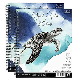Mixed Media Pad Sketchbook - 2pk of 30 Sheets 9x12" - 60 Total 140lb/300gsm - Smooth Hot Pressed Watercolor Paper - Art Journal Spiral Bound Sketchpad - for Watercolor Paint, Acrylic, Pen, Pencil