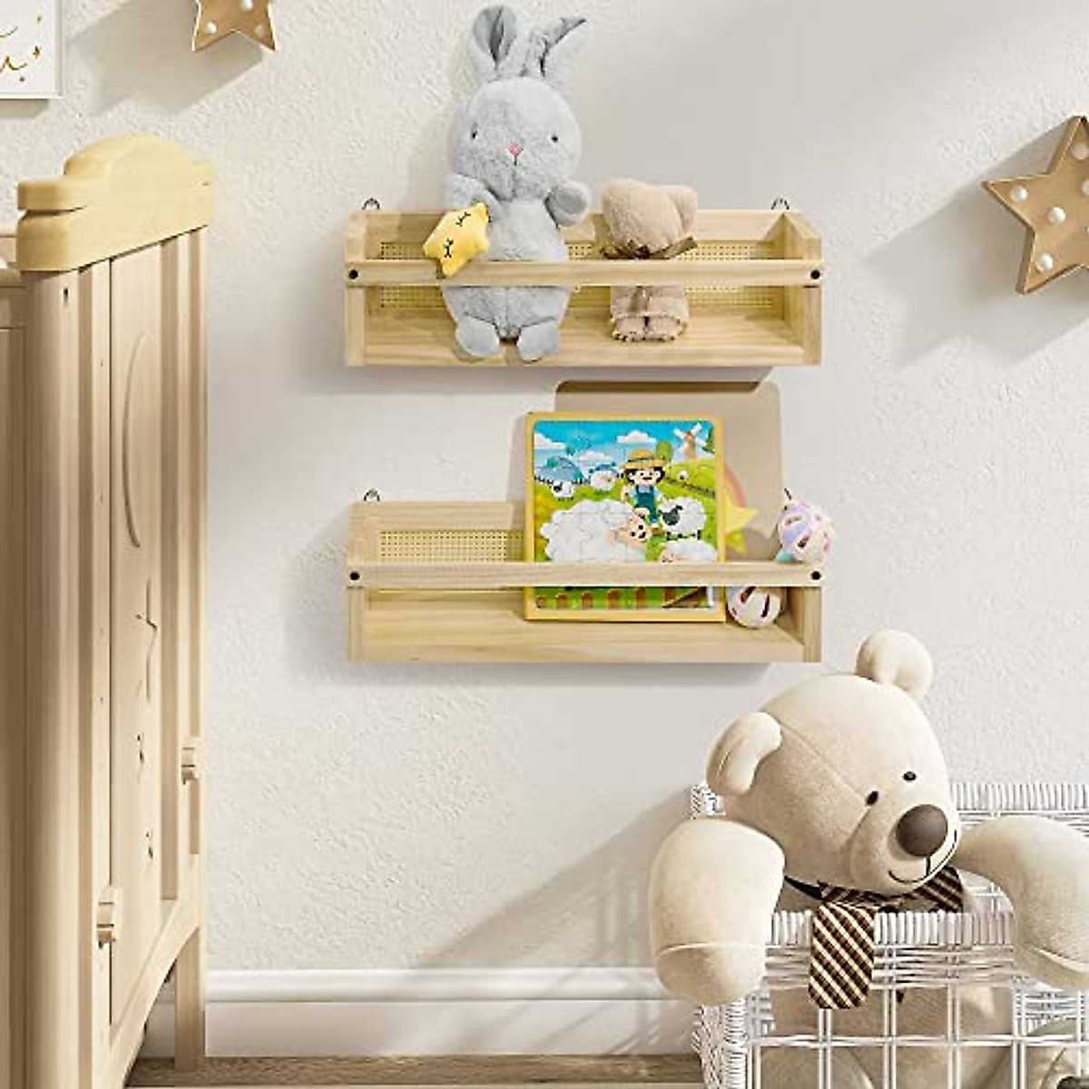 Petrala Boho Rattan Floating Shelves Set of 2, Natural Wood Wall Mounted Shelves for Wall Decor Bedroom Living Room Bathroom Office