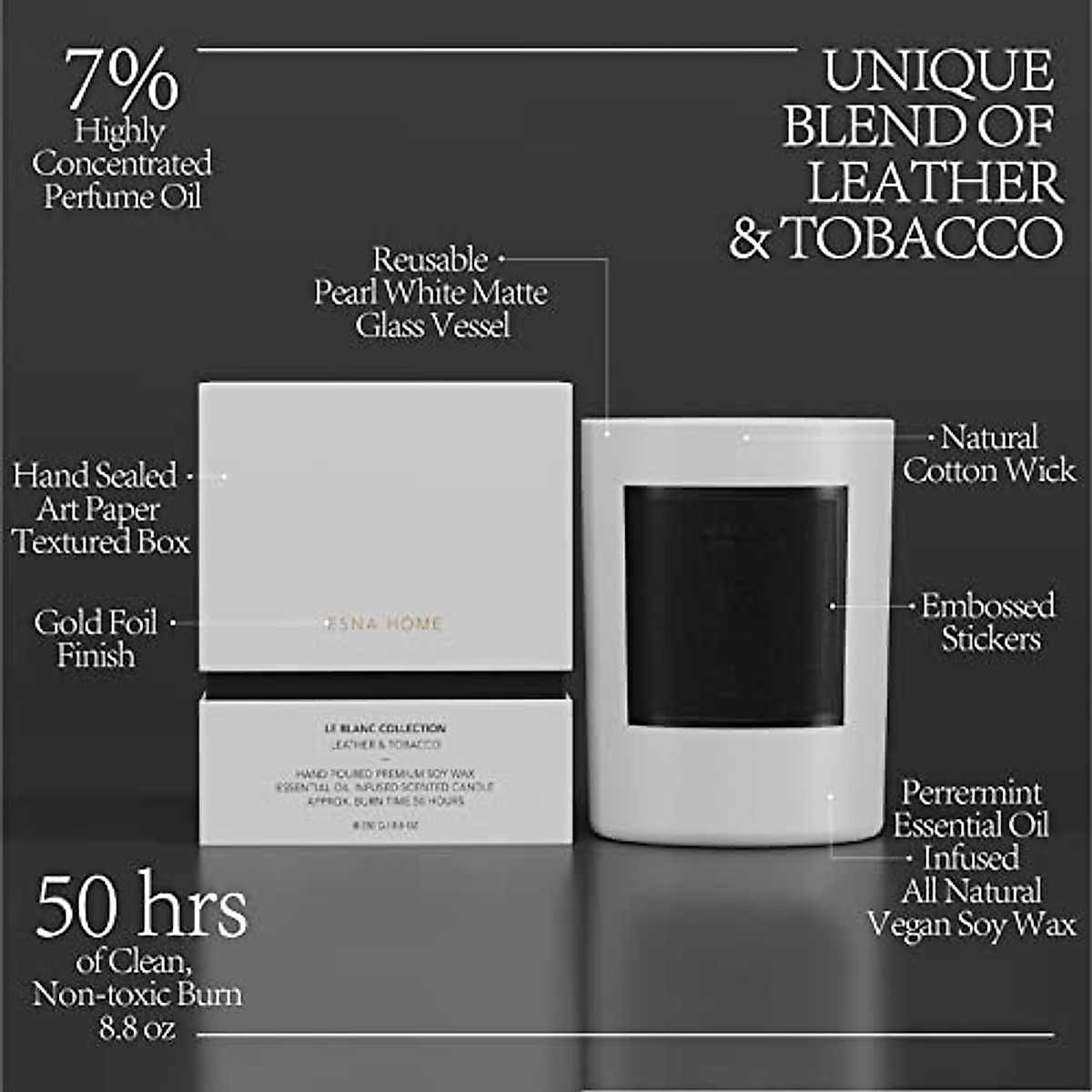 ESNA HOME Leblanc Leather & Tobac Premium Aromatherapy Scented Candles | Mom Will Love | All Natural Essential Oils Soy Candles | 8.8oz 50 Hours Long Burning | Premium Votive Candle Mother’s Day
