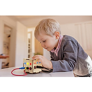 Montessori Busy Board Fidget Cube for Toddlers {Improved 2023 Version} Wooden Sensory Activity Cube Toys for Toddlers LED Light Up Buttons Pluggable Wires Baby Gifts Educational Learning Fidget Toy