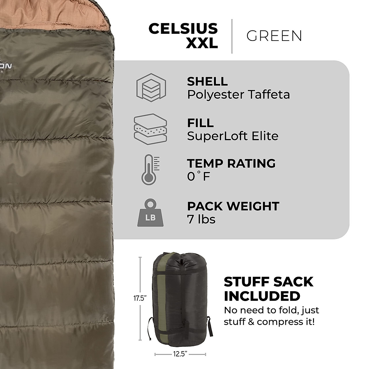 TETON Sports Celsius XXL 0 Degree Sleeping Bag - 0˚F Cold-Weather Sleeping Bag for Adults– Camping Made Easy….and Warm. Compression Sack Included