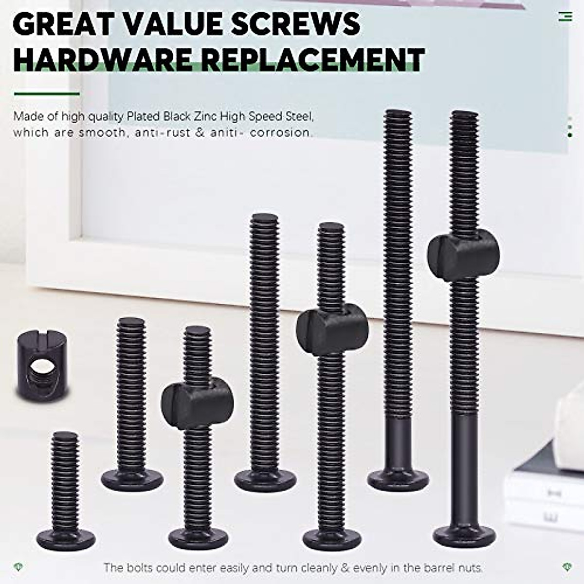 Keadic 85Pcs M6 20/30/40/50/60/70/80mm Baby Bed Screws Hardware Replacement Kit, Hex Socket Head Cap Screws Nuts for Furniture Cots Beds Crib, 1 Hex Key for Free - Black High Speed Steel