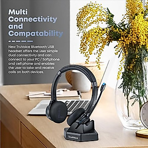 TruVoice BT65 Wireless USB Headset with Hi-Fi Audio and Noise Canceling Microphone - v5.2 Bluetooth Fast Charging Base and 15hr Talk time - Multi Connectivity with Both Computer and Cell Phone.