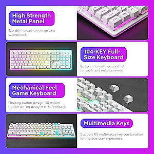 2.4G Wireless Gaming Keyboard and Mouse,Type C/USB Dual Receiver,RGB LED Backlit,Rechargeable 4200mAh,Full Size Mechanical Feel,Silent Mice,Mouse Pad for PC,Laptop,Smartphone,PS4,PS5,Xbox(White)