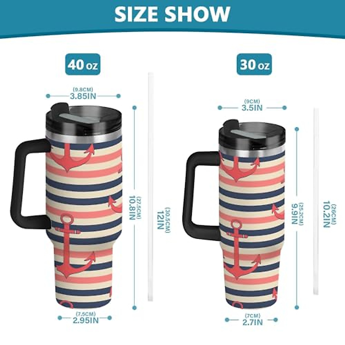 FRCSDIY Striped Anchor Insulated Tumbler with Handle and Straw Lid,40oz Leakproof Stainless Steel Cup BPA-Free Water Bottle