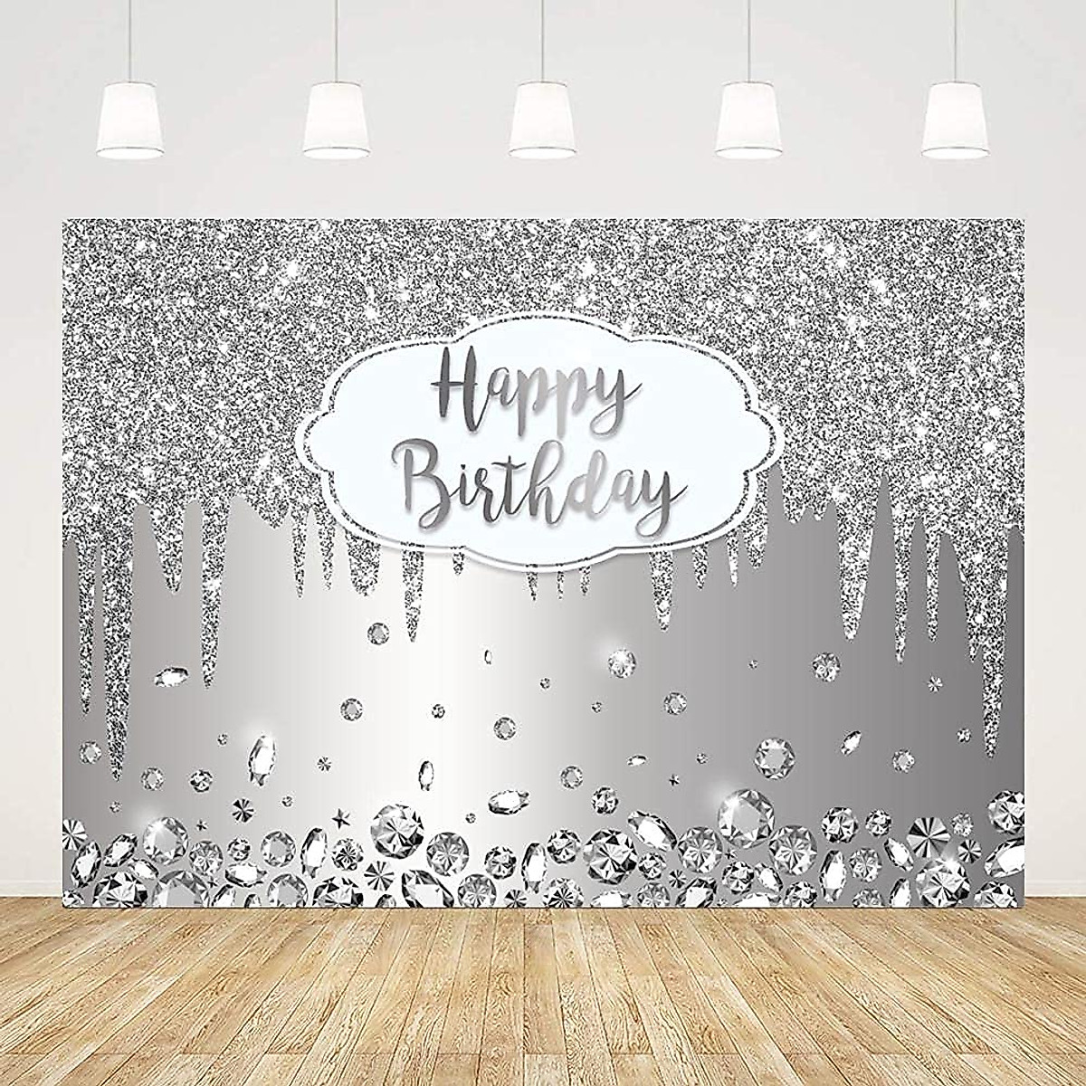 ABLIN 7x5ft Happy Birthday Backdrop Dripping Glitter Crystal Diamond Silver Photo Background Girls Women Bday Party Decorations Cake Table Banner Wall Decor Props