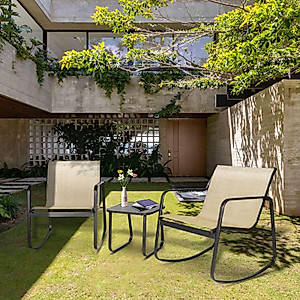 SOLAURA 3 Piece Patio Rocking Bistro Set, Textilene Fabric Outdoor Furniture, Porch Chairs Set with Glass Table for Lawn, Garden, Balcony, Poolside, Khaki