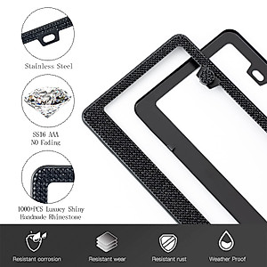 FIISFIIS Bling License Plate Frame for Women,2 Pack Premium Stainless Steel Rhinestone License Plate Holder,Handmade Glitter Crystal Diamond Girl Lincense Plate Tag Cover,Bedazzled Sparkly-Black