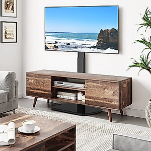 TVON Universal TV Floor Stand with Swivel Mount Height Adjustable for 32-65 Inch Flat or Curved Screen TVs, 3-Shelf Tempered Glass Base for Media Storage, Cable Management, VESA 400x400 mm