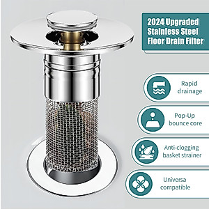 2PCS Pop Up Bathroom Sink Drain Strainer Hair Catcher, 2024 New Stainless Steel Floor Drain Filter with Removable Stainless Steel Filter Basket, for US Universal Bathroom Kitchen Basin Sink Stopper