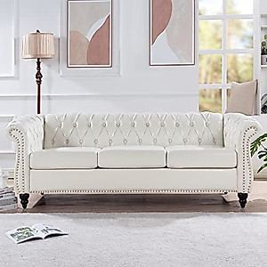 FANYE 84.65" 3-Seaters Chesterfield Clasic Luxury Roller Armrest Soild Wood Legs Sectional,Button Tufted PU Leather Upholstered Modular Sofa Couch with Reversible Cushions & Nailhead Decor, White