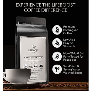 Lifeboost Coffee French Vanilla Ground Coffee - Low Acid Single Origin USDA Organic Coffee - Non-GMO Ground Coffee Beans Third Party Tested For Mycotoxins & Pesticides - 12 Ounces