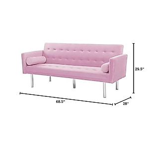 Eafurn 68.5”Futon Bed,Button Tufted Convertible Sleeper, 3-Seater Upholstered Loveseat Sofa & Couch with Adjustable Backrest and 5 Metal Legs for Living Room Bedroom Office, Pink