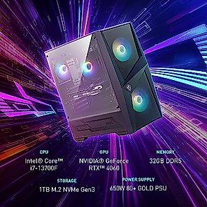 MSI Codex R Gaming Desktop: Intel Core i7-13700F, RTX 4060, 32GB DDR5, 1TB M.2 NVMe Gen3, RGB Fan Cooling, 650W 80+ Gold, Keyboard & Mouse, DIY Friendly, Windows 11 Pro: 13NUC7-069US,Black