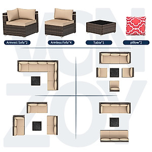 VONZOY Outdoor Patio Furniture Set 7 Pieces Sectional Rattan Sofa Set, PE Rattan Wicker Patio Conversation Set with 6 Seat Cushions and 1 Tempered Glass Table and Furniture Cover, Brown