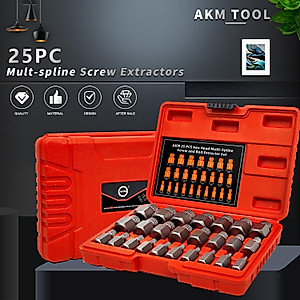 AKM 25Pcs Screw Extractor Set, Hex Head Multi-Spline Easy Out Bolt Extractor Set, Chrome Molybdenum Alloy Steel Rounded Bolt Remover