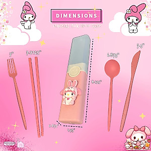 hombäde Plastic Cutlery Tableware Flatware Silverware 5 Piece Set Portable Reusable Travel Cute Kawaii Anime Cartoon Dog Bunny for Boys and Girls (Pink Melody)