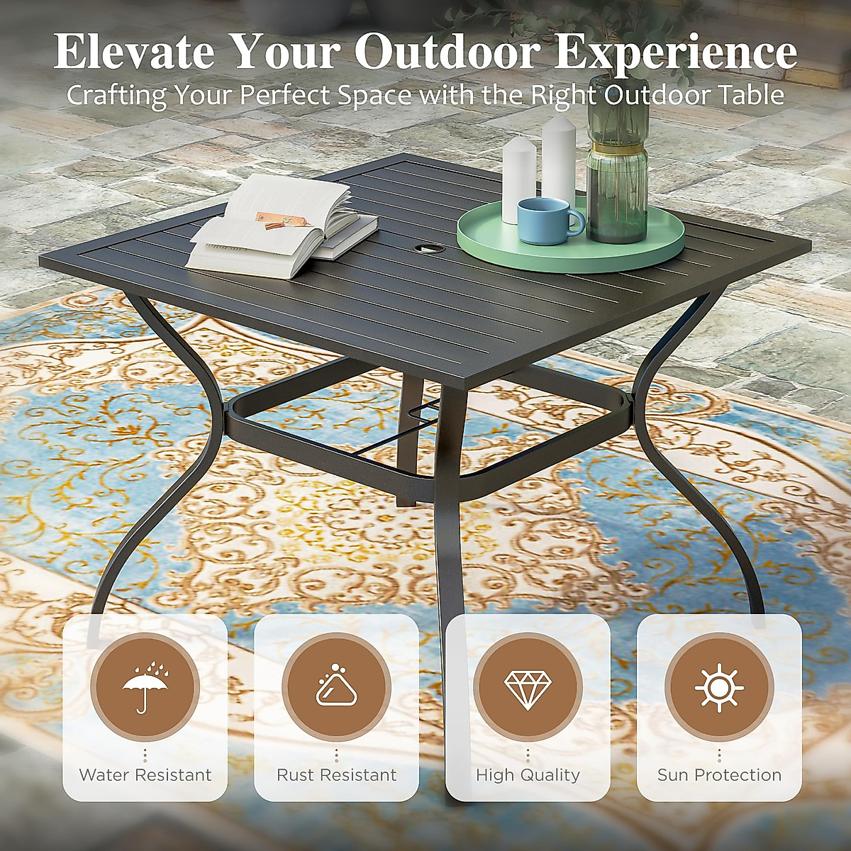 HERA'S HOUSE 5 Pieces Patio Dining Set, Outdoor Table and Chairs Set for 4, 4 x Blue Textilene Dining Chair, 37" Square Metal Dining Table, for Lawn Garden Backyard Deck