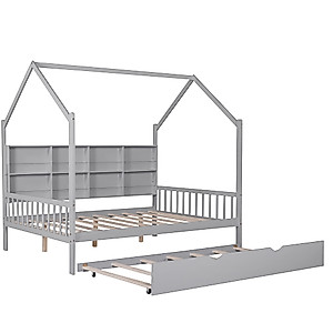 House Bed with Trundle and Storage Shelves, Montessori Bed Full Size Platform Bed Frame with Roof, Tent Bed, Solid Wood Playhouse Bed for Kids Teens Girls Boys (Full Size, Gray)