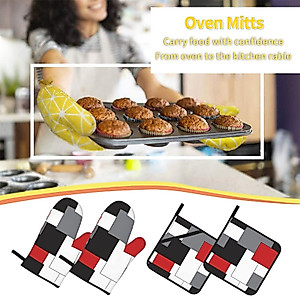 Aao-S745 White Grey Black and Red Irregular Geometric Oven Mitts and Pot Holders Sets of 4 Kitchen Heat Resistant Oven Gloves Non-Slip BBQ Potholders Hot Pads for Cooking Baking Grilling One Size