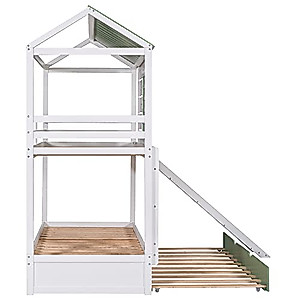 DEYOBED Twin Over Twin House Bunk Bed with Slide for Kids, Wooden Bunk Beds with Trundle for Girls Boys, Slide Playhouse Bed, White+Green