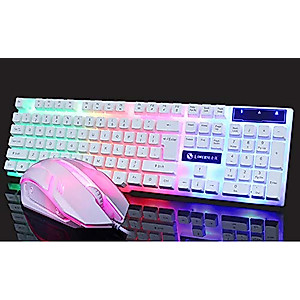 SUImeito Gaming Keyboard GT300 Colorful LED Illuminated Backlit USB Wired PC Rainbow Gaming Keyboard Mouse Set (White)