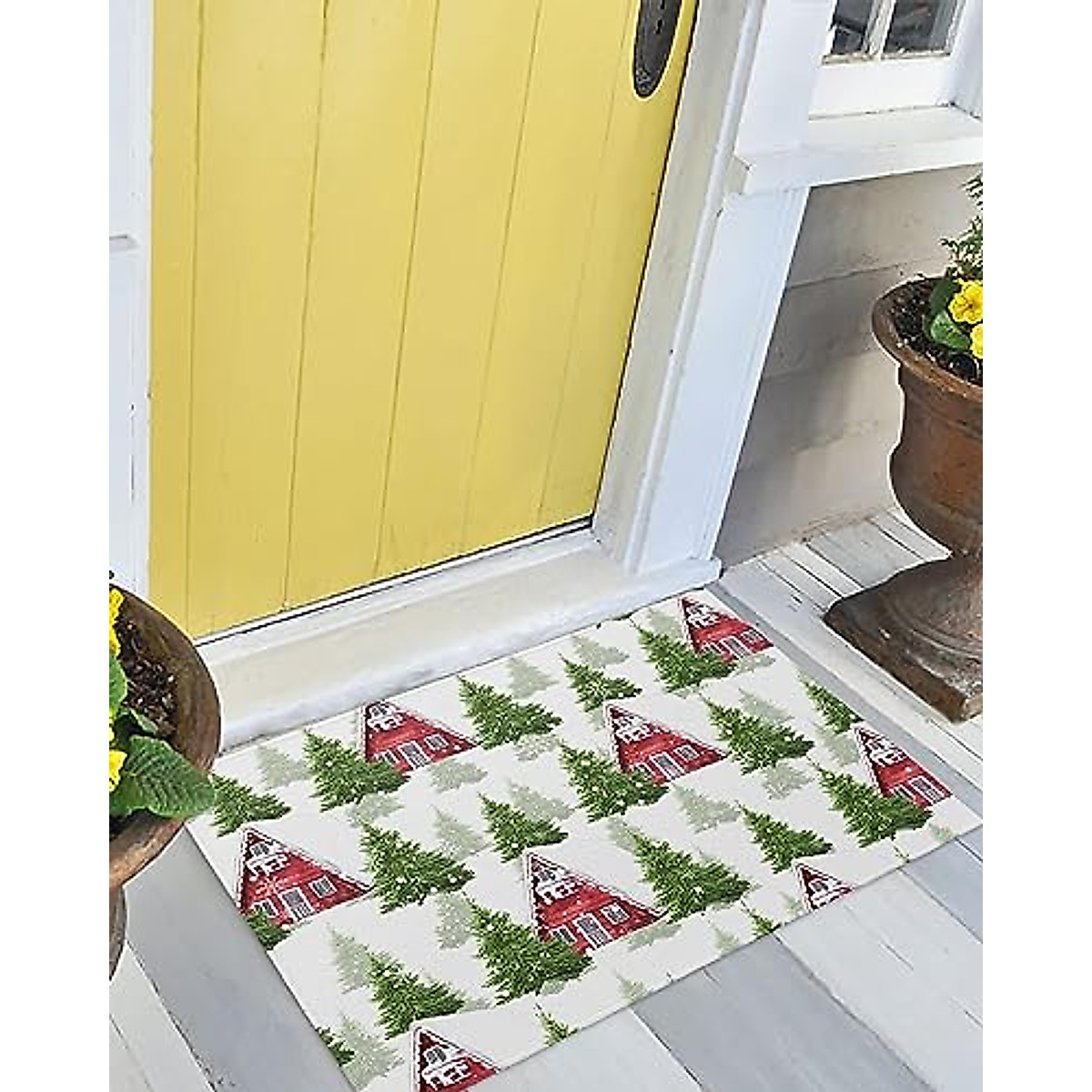 Indoor Outdoor Mats, Christmas Tree and Farm Barn Tile Pattern Door Mat, Non-Slip Absorbent Resist Dirt Entrance Mat Washable Welcome Mats for Entryway, Low-Profile Floor Mats