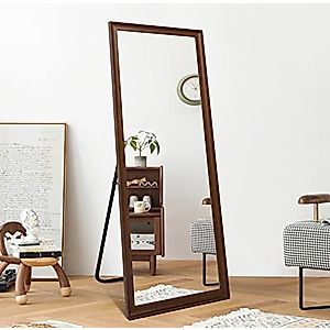 TheiaMo Full Length Mirror Wood Frame, 65×22in Floor Mirror Full Body Mirror with Standing Holder Hanging Wall Mirror, Stand Large HD Mirror, Dressing Mirror for Bedroom/Living Room, Walnut