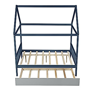 HAUSHECK Toddlers Montessori Bed with Trundle, Full Size Montessori Bed Frame with Headboard & Footboard, House Bed Fun Playhouse for Kids Boys & Grils, No Box Spring Needed, Wooden Slatted Support