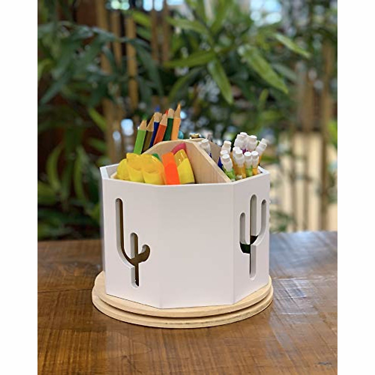 Designstyles Spinning Desktop Stationary Organizer – Decorative Wooden Rotating Pen and Pencil Cup – Desk and Table Top Office Supplies Station (White with Cactus cutout)
