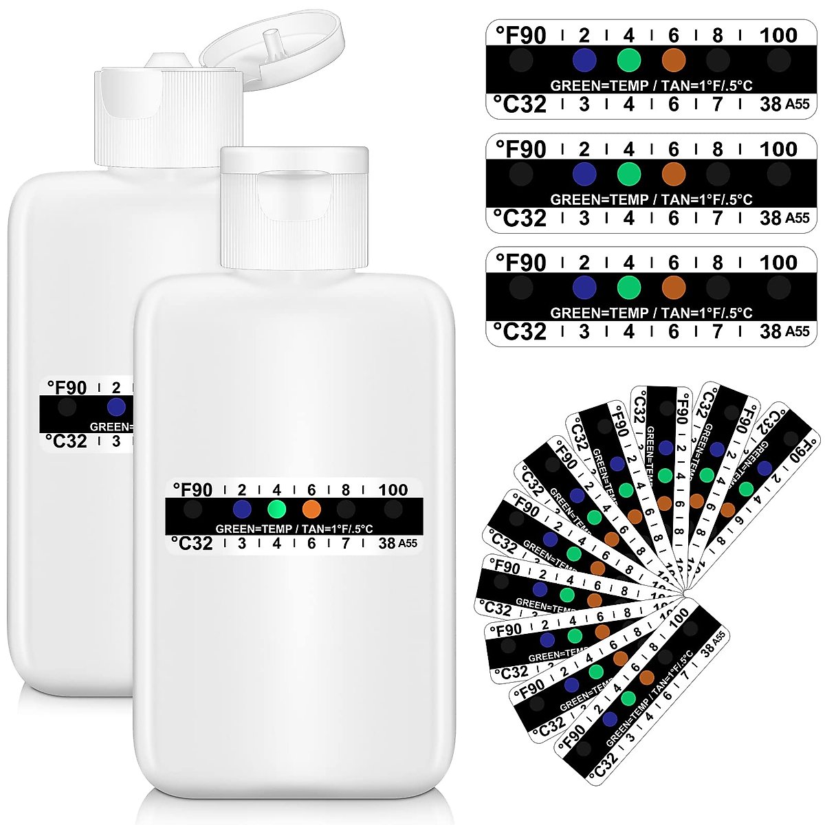 12 Pieces Urine Test Complete Kit Include Empty Bottles with Temperature Test Strip Urine Test Strip Portable Travel Bottle Adhesive Thermometer Strip for Urine Testing (Novel Style)