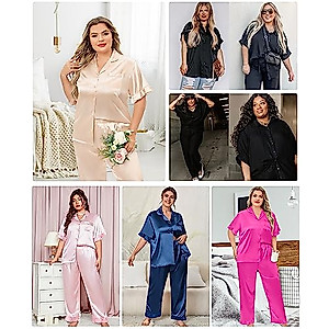 SWOMOG Womens Satin Plus Size Pajamas Silk Short Sleeve Pjs Sets Button Up Pajama with Ruffle Soft Loungewear Wedding PJs Black