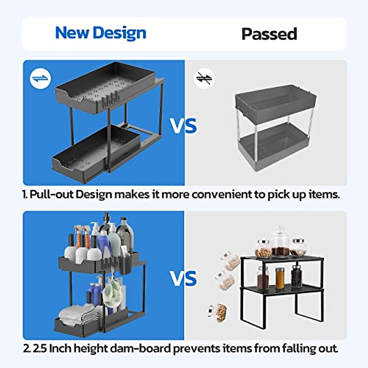 Verdenu Under Sink Organizer, 2 Tier Sliding Drawer Pull Out Organizer and Storage, Under Cabinet Organizer, Bathroom Organizer Under Sink with Hanging Cups and 4 Hooks for Bathroom, Kitchen