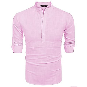 COOFANDY Men's Cotton Linen Henley Shirt Long Sleeve Hippie Casual Beach T Shirts Pink
